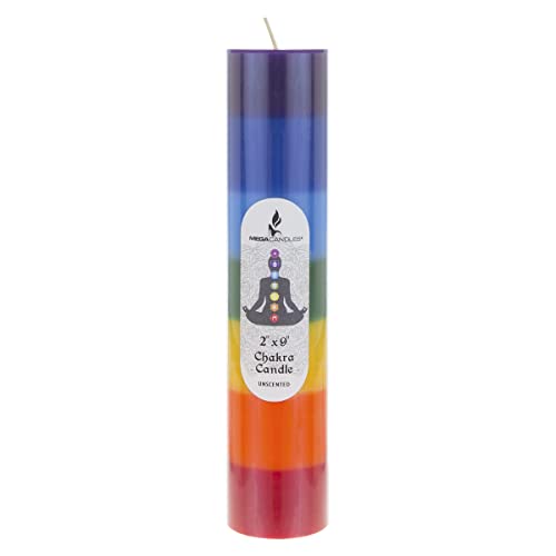 Mega Candles Unscented Multi Color Chakra Round Pillar Candle, Hand Poured Premium Wax Candles 2 Inch x 9 Inch, Cotton Wick, Promotes Positive Energy, Aids Meditation, Relaxation & More