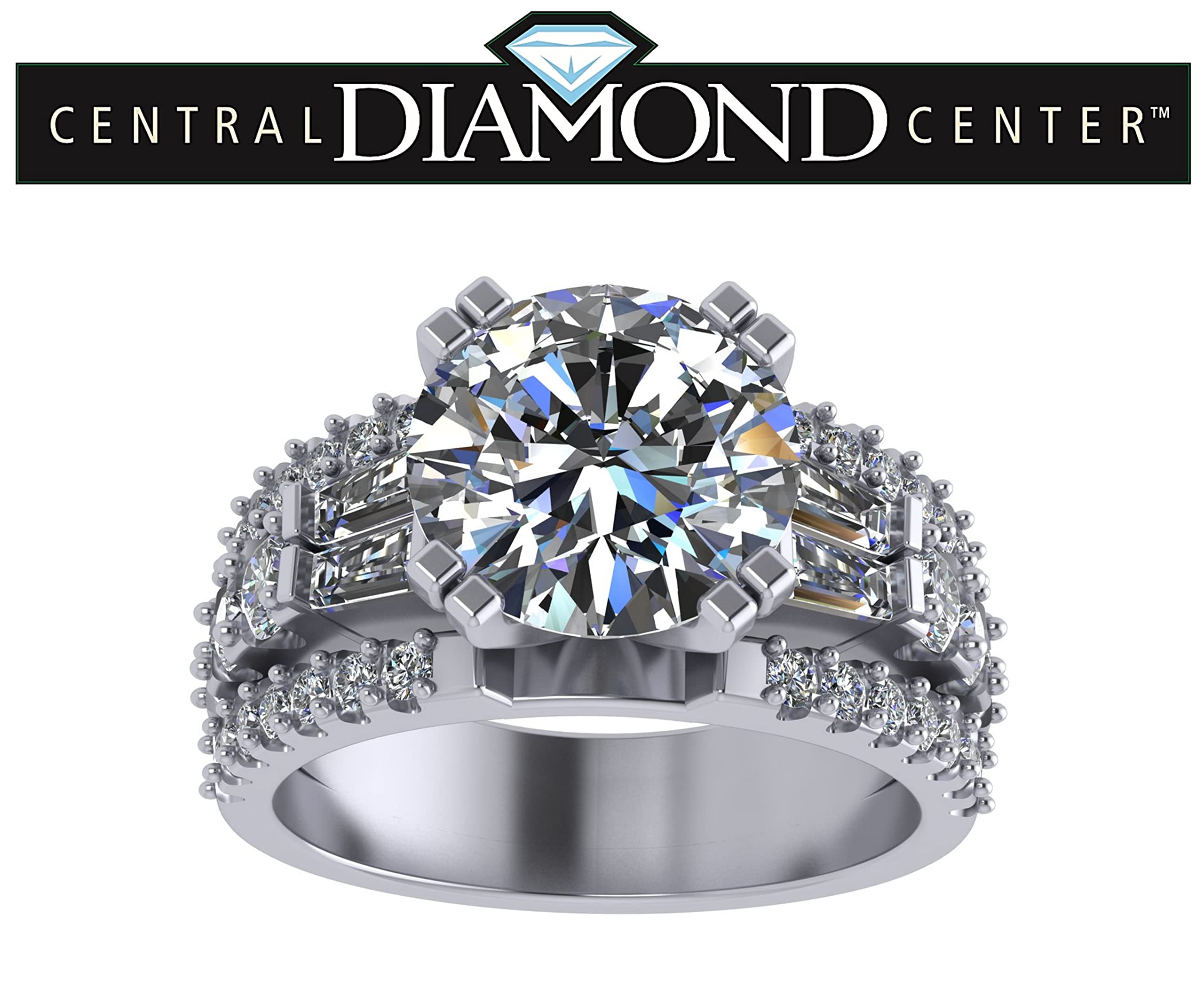 Central Diamond Center Sterling Silver Round & Baguette Engagement Ring with a 9.00mm - 3.00ct Round Center Stone - Size 5