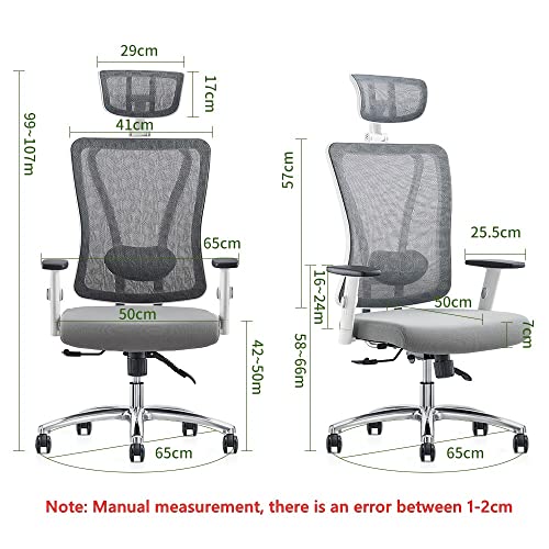 Cedric Office Chair,Breathable Mesh Computer Chair with Ergonomic Adjustable Lumbar Support, White Swivel Desk Chair with Adjustable Armrest and Headrest, Soft Cushion Seat