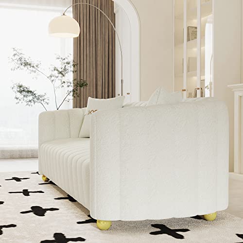 Kadway Lambswool Sofa for Living Room, 84" Mid-Century Modern Beige Couch, Luxury Loveseat Sofa Couch, Sectional Love seat Sofa Couch with Gold Legs, Upholstered Sofa for Apartment Bedroom Home Office