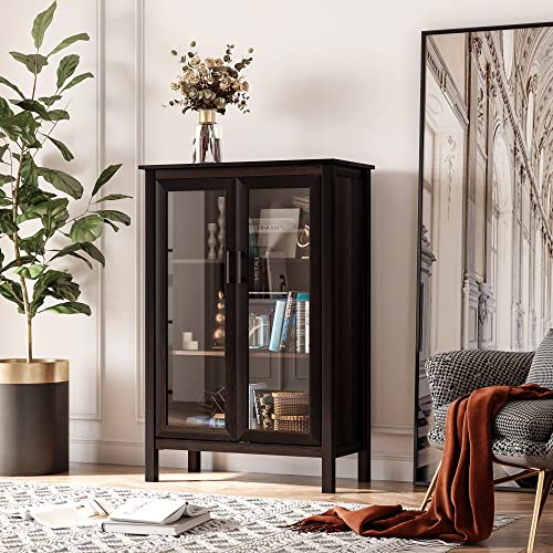 HOMCOM Rustic Kitchen Storage Cabinet, Accent Sideboard with Glass Doors Adjustable Shelves for Dining Living Room, Brown Wood Grain