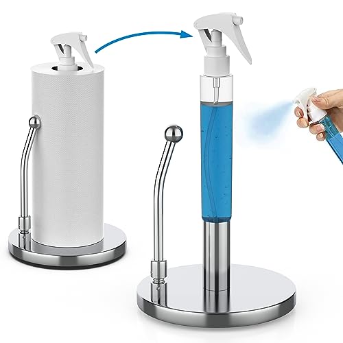 Paper Towel Holder with Spray Bottle by Elevated Essentials - Heavy Non Slip Weighted Stainless Steel Base for One Handed Operation - The Perfect Countertop Kitchen Paper Towel Holder