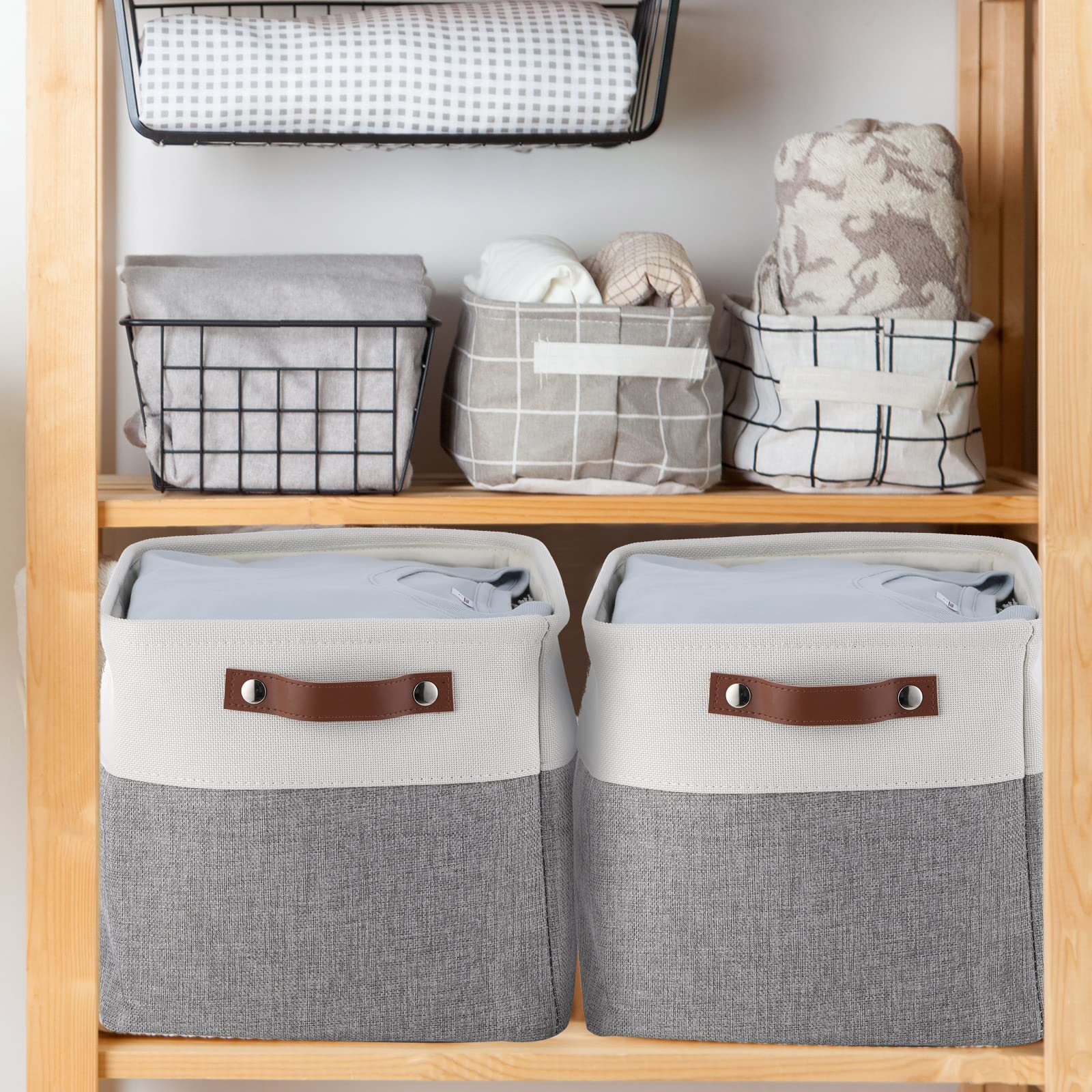 Foaincore 8 Pack Foldable Storage Cubes Baskets, Fabric Cube Storage Bins Collapsible Storage Basket with Leather Handles for Toy Clothes Kids Room Closet Nursery Storage(Beige)
