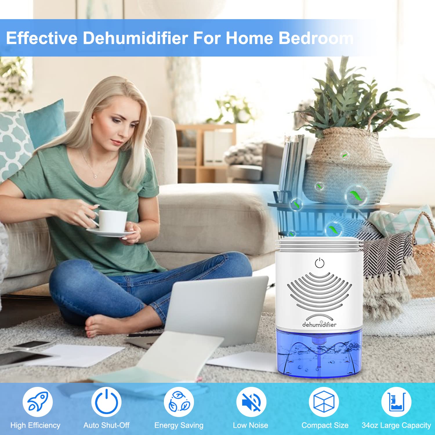 Dehumidifiers Small for Home Bedroom 34oz (1000ML) Mini Dehumidifier for Bathroom, RV, Closet, Office, Kitchen, Laundry, with Auto-off, Ultra-Quiet, Lights Energy Saving