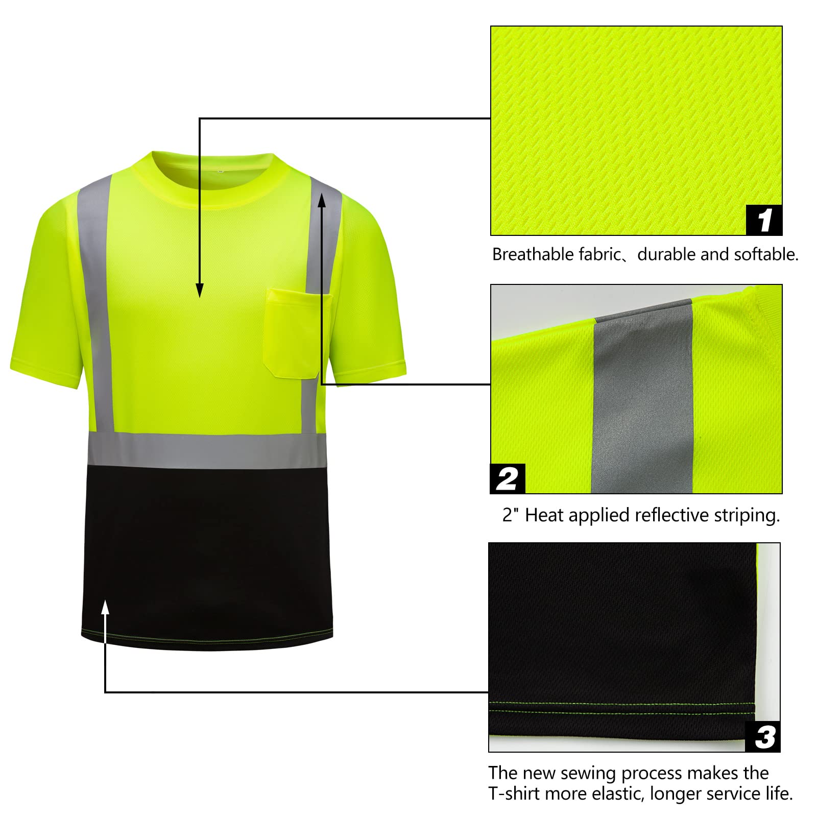 DPSAFETY High Visibility Shirts Quick Dry Safety T Shirts with Reflective Strips and Pocket Short Sleeve Mesh Hi Vis Construction Work Class 2 Shirt for Men/Women Black Bottom Lime,Medium
