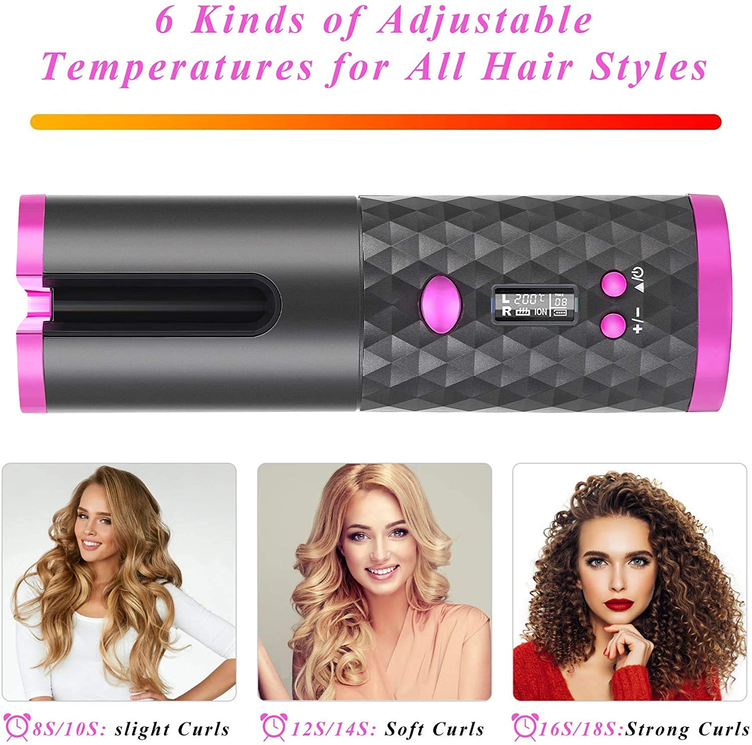 Cordless Automatic Hair Curler, Portable Electric Curler with 6 Temps Rechargeable Curling Wand Fast Heating for Hair Styling