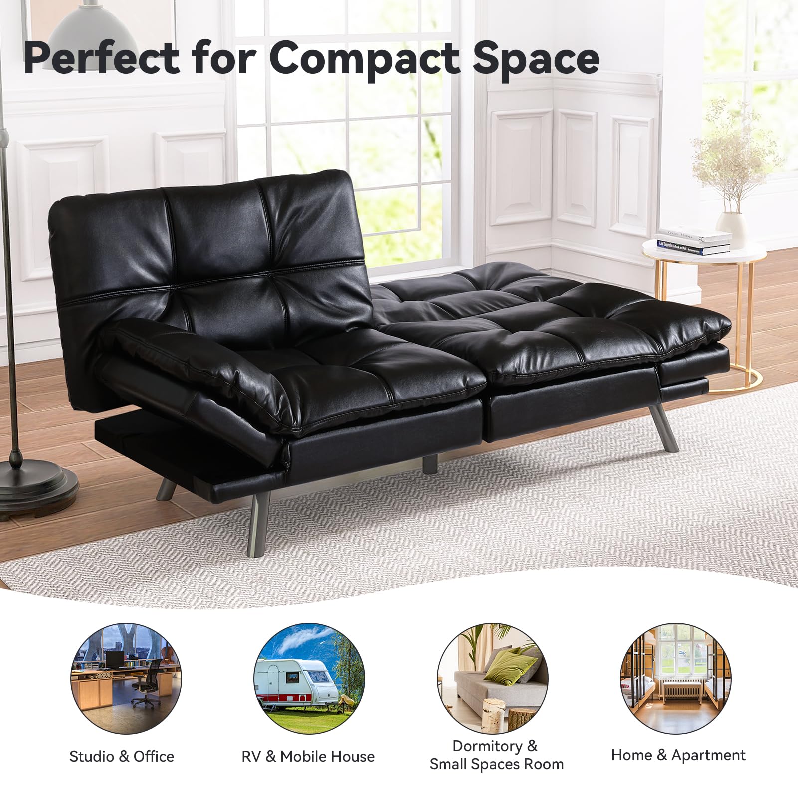 Erdoru Convertible Memory Foam Futon Sofa Bed Couch,Faux Leather Futon Sofa Couch,Sleeper Futons Sofa Bed,Small Splitback Modern Loveseat Sofa Bed for Living Room,Office,Apartment,Bright Black