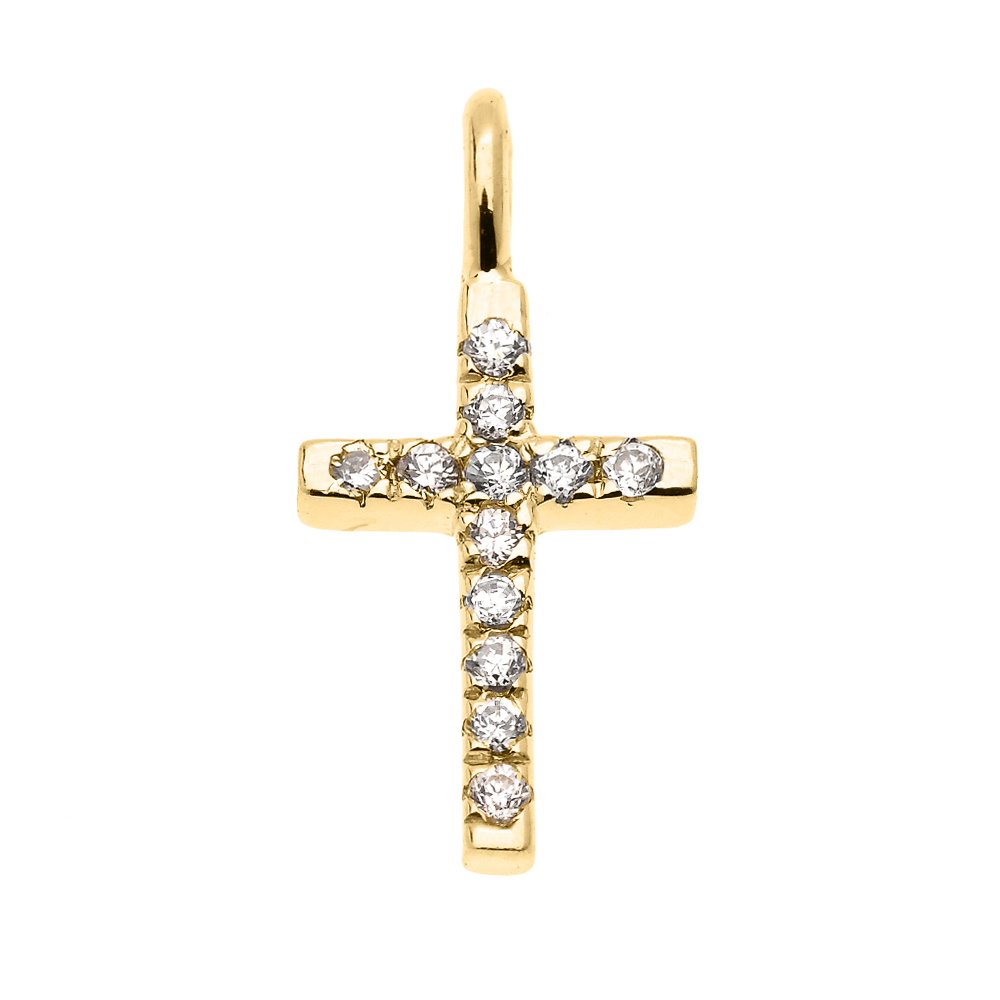 Religious Jewelry 14K Yellow Gold 1/20 Cttw Diamond Accented Dainty Linear Cross Charm Pendant (K-M Color) - Pendant Only