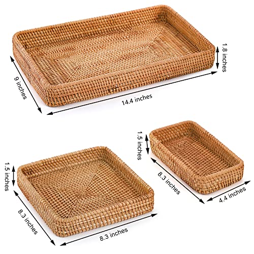 Hacaroa 3 Pack Rectangular Rattan Serving Tray, Hand Woven Wicker Basket Decorative Nesting Tray, Natural Weaving Storage Basket Tray Organizing Platter for Bread, Fruit, Drinks, Snack, 3 Sizes