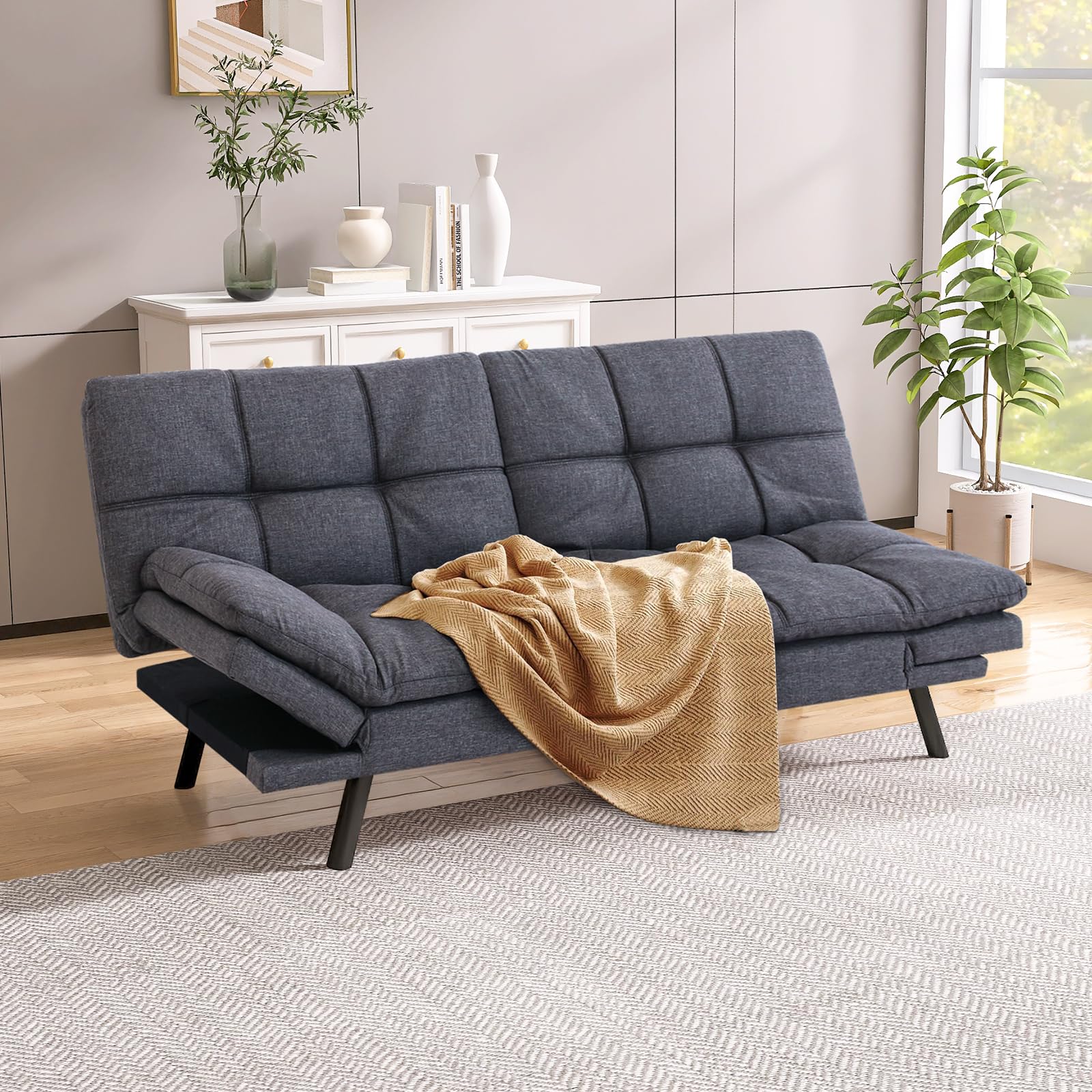 Erdoru Convertible Memory Foam Futon Sofa Bed Couch,Linen Fabric Futon Sofa Couch,Sleeper Futons Sofa Bed,Small Splitback Modern Loveseat Sofa Bed for Living Room,Office,Apartment,Dark Grey