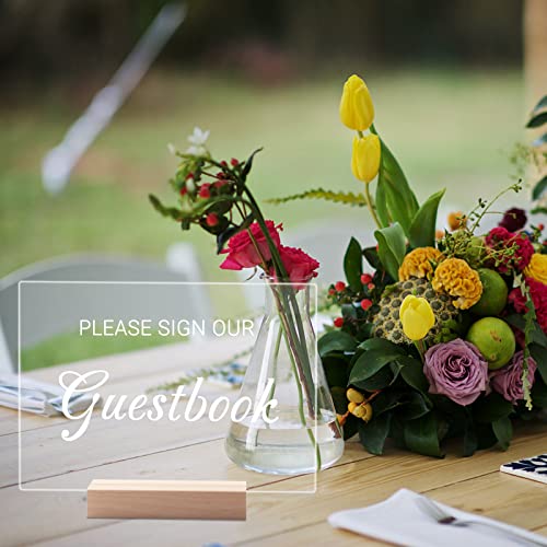 TLunlove Clear Acrylic Sheet with Wood Stand, 8 x 10 inch, 5 Pack Acrylic Wedding Signs Blank with Holder, DIY Acrylic Table Signs, Scratch Resistant, Smooth Edges