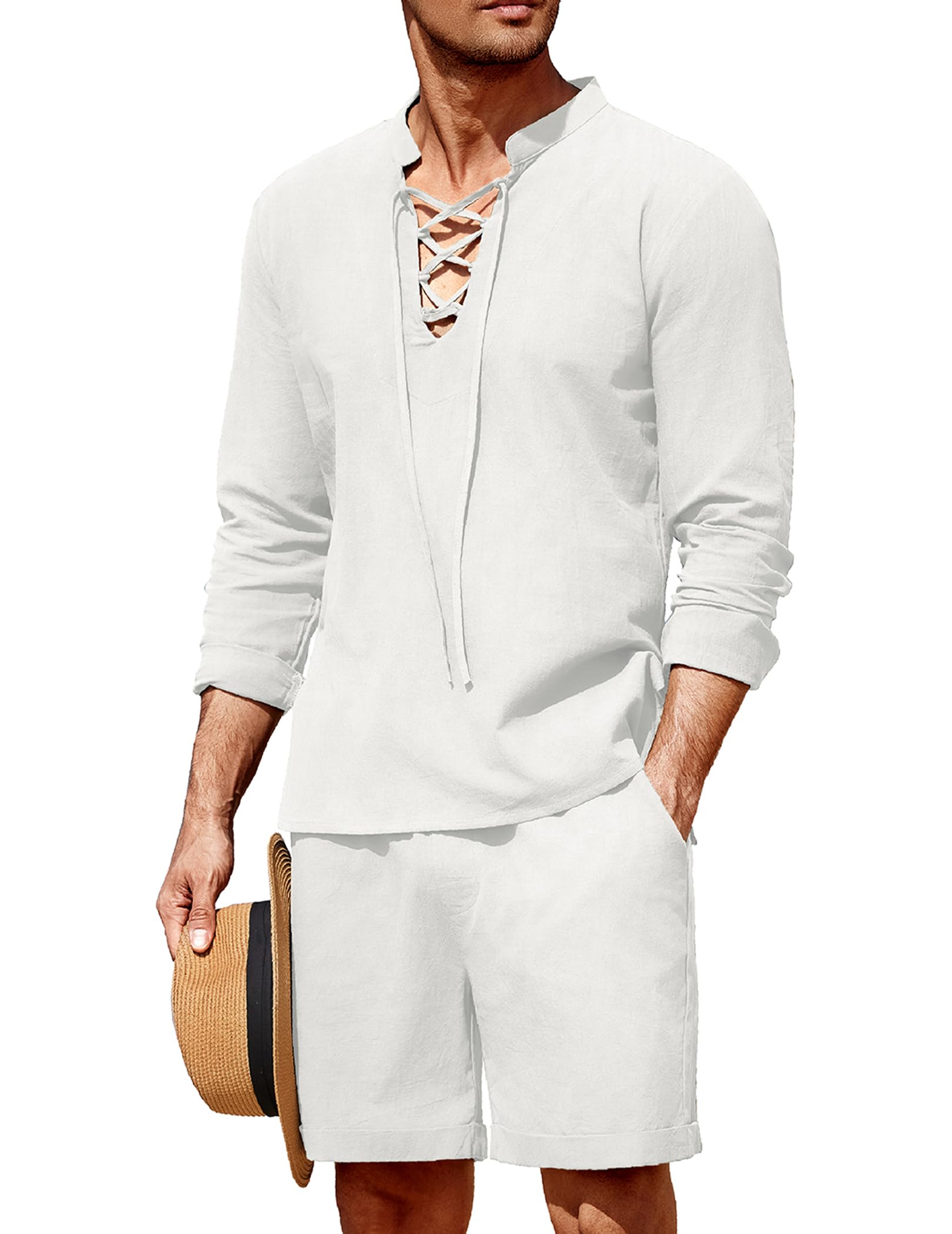 COOFANDY Men's 2 Pieces Beach Outfit Summer Cotton Linen Henley Shirt and Short Sleepwear Set
