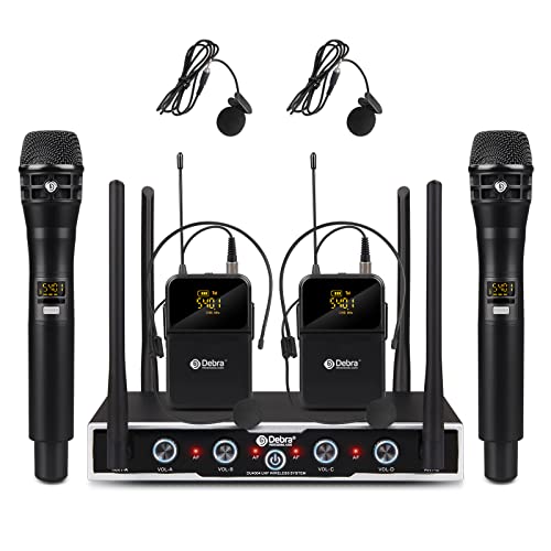 D Debra Audio Wireless Microphone System Pro DU4004 UHF 4 * 16 Adjustable Channel Wireless Handheld Lavalier Headset Mics, Ideal for Meeting Church Speech Party (2 Handheld 2 Bodypack)