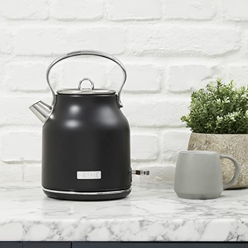 Haden 75095 Heritage 1.7 Liter Stainless Steel Body Countertop Retro Electric Kettle with Auto Shutoff & Dry Boil Protection, Black/Chrome