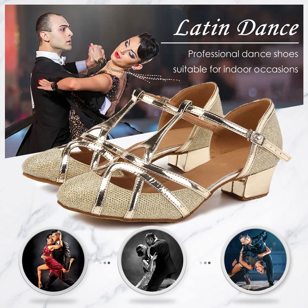 DKZSYIM Glitter Women Latin Dance Shoes Closed Toe Ballroom Salsa Tango Practice Performence Party Dancing Shoes,2040-Gold-3,US 9.5