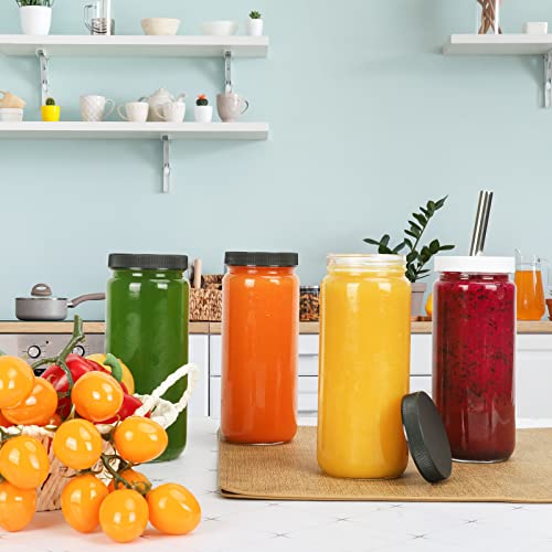 TOMNK 16 Pack 16oz Glass Juice Bottles with Lids and Straws Travel Drinking Glass Bottles with Caps Reusable Juice Jars Smoothie Cups for Tea, Kombucha, Boba Milk, Fruit Drinks, Beverage