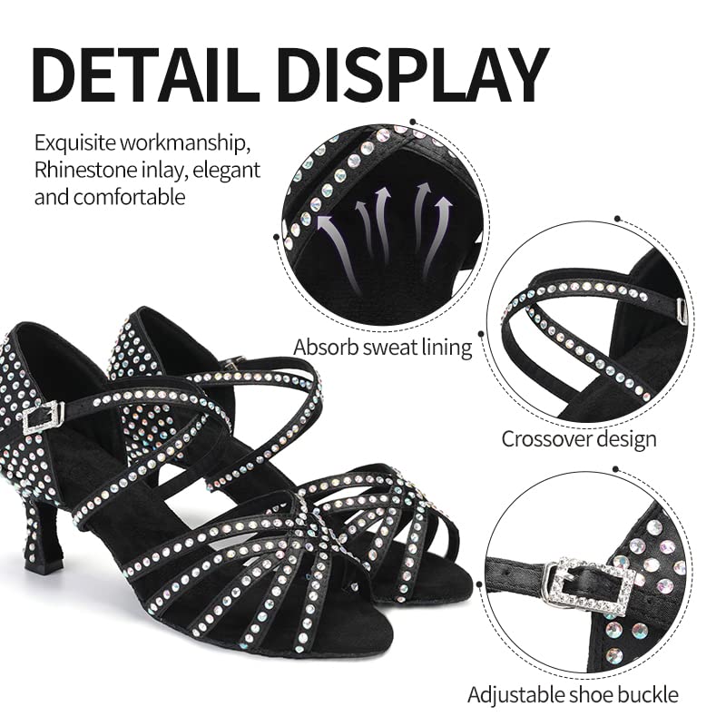 DKZSYIM Women's Satin Latin Dance Shoes Rhinestone Ballroom Salsa Performance Practice Dancing Shoes,AFCT40403-Black-6.5,US 7