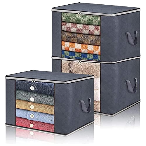 Micilelife Clothes Storage Bag 90L Large Storage Bags Closet Organizers and Storage,3-Pack, Gray,Foldable Organizer, With Clear Window,Suitable for Finishing Of Household ItemsReinforced Thick and Durable Organizer, Suitable for Finishing the Bedrooms,To