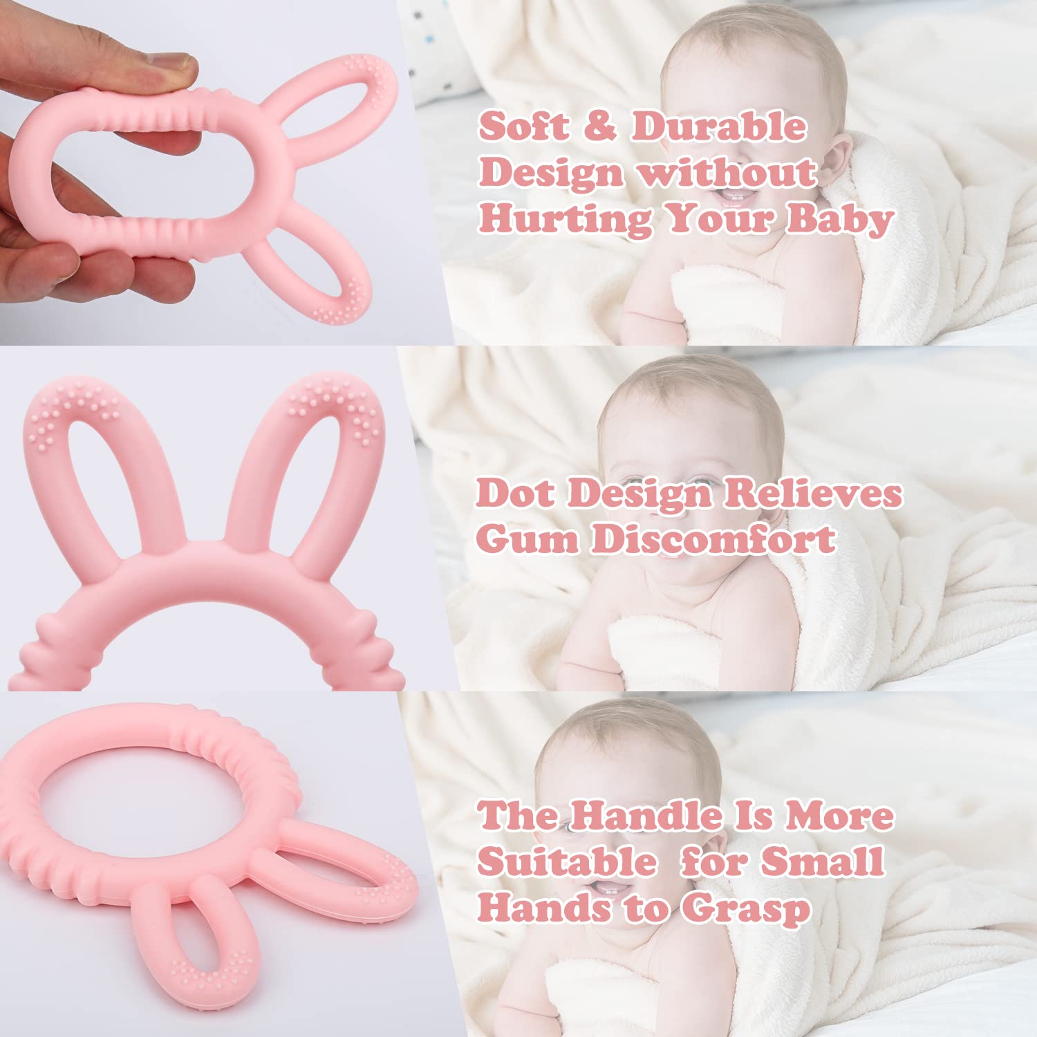 MISSLILI Silicone Babies Teethers Baby Teething Toys for Soothe Massage Sore Gums for 3-12 Months Infants, BPA Free, Ring Shape Rabbit Ear Design (Pink)