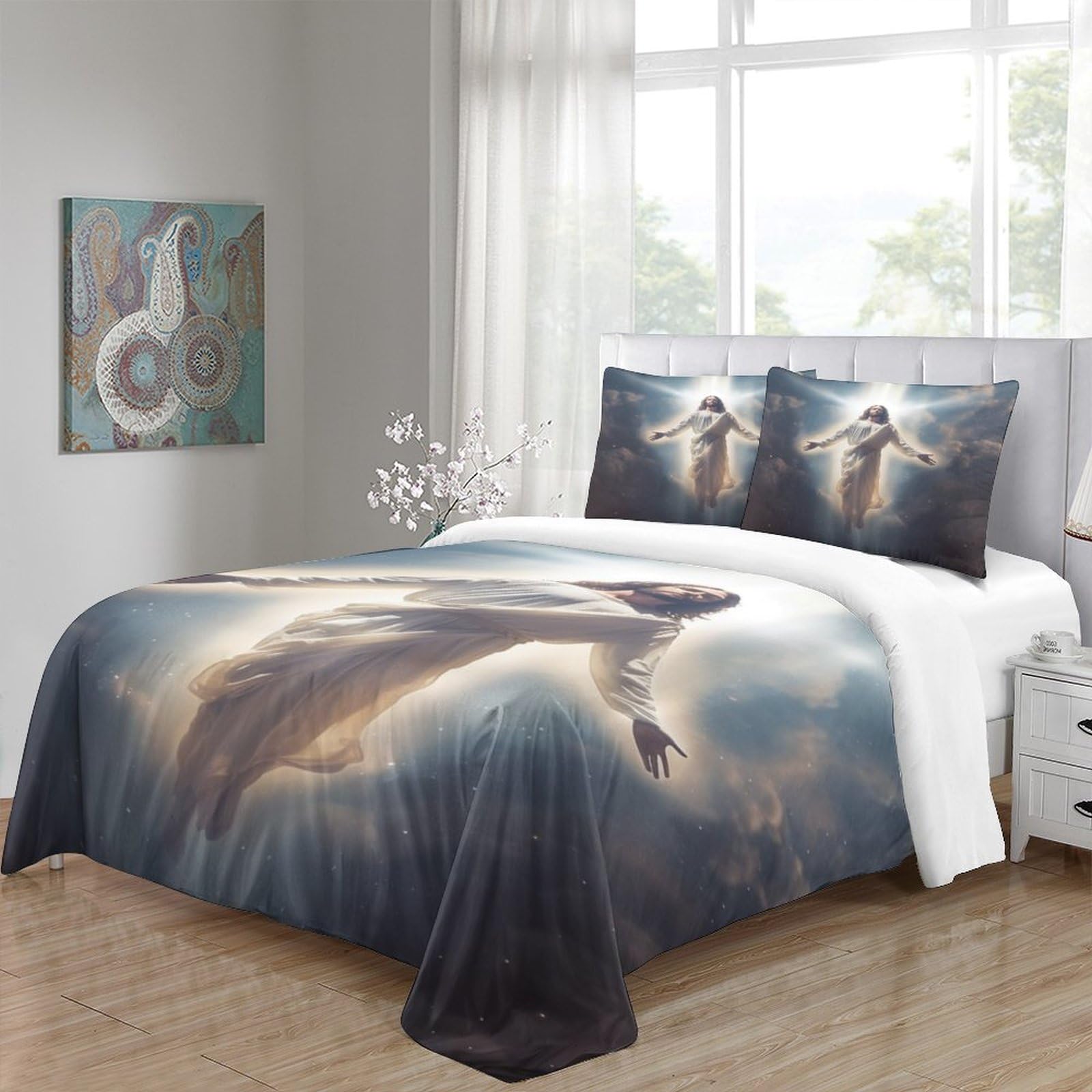 ERGTT Jesus Quilt Cover 3D Printed Beautiful Angel for Boys Girls Comforter Covers Duvet Cover with Pillow Cases with Zipper Closure Bedding Set Soft Microfiber 3 Pieces Full(203x228cm), Style-2