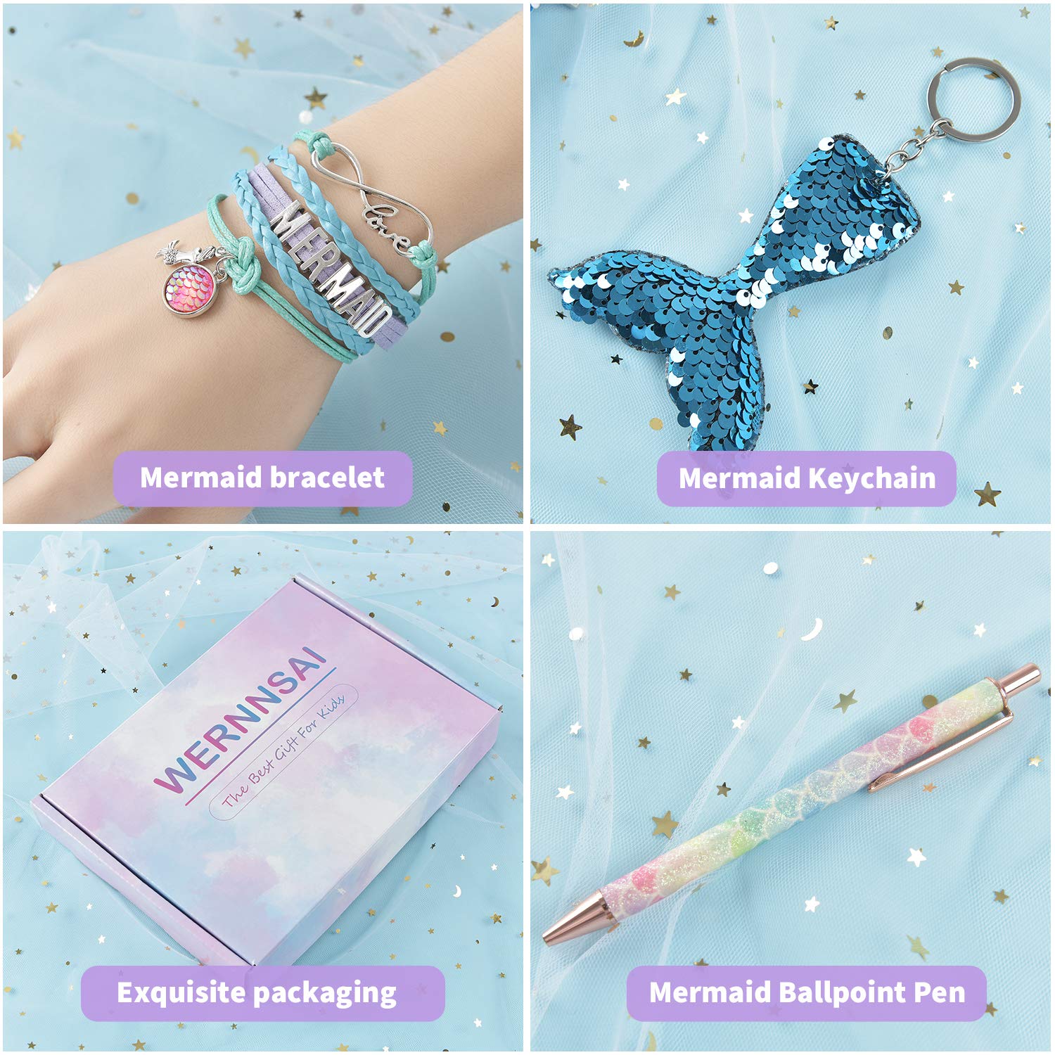 WERNNSAI Mermaid Diary for Girls with Lock - Kids Journals Set Sequins Unique Mermaid Gift for Girls ages 6-8, Travel School Office Notebook Notepad A5 Diary with Ballpoint Pen Bracelet Key-chain