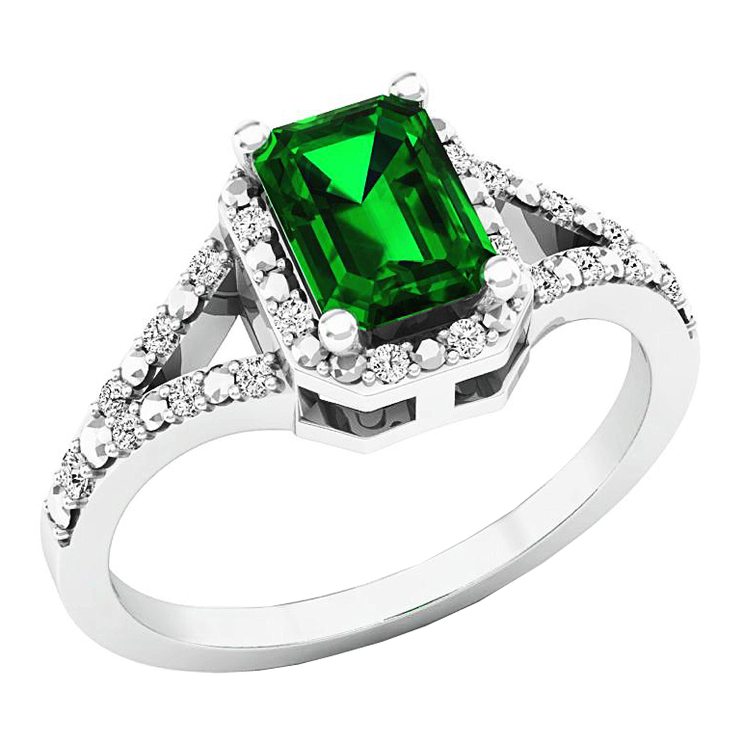 Dazzlingrock Collection 7x5mm Emerald Shape Lab Created Emerald & White Diamond Split Shank Engagement Ring for Women in 925 Sterling Silver Size 5