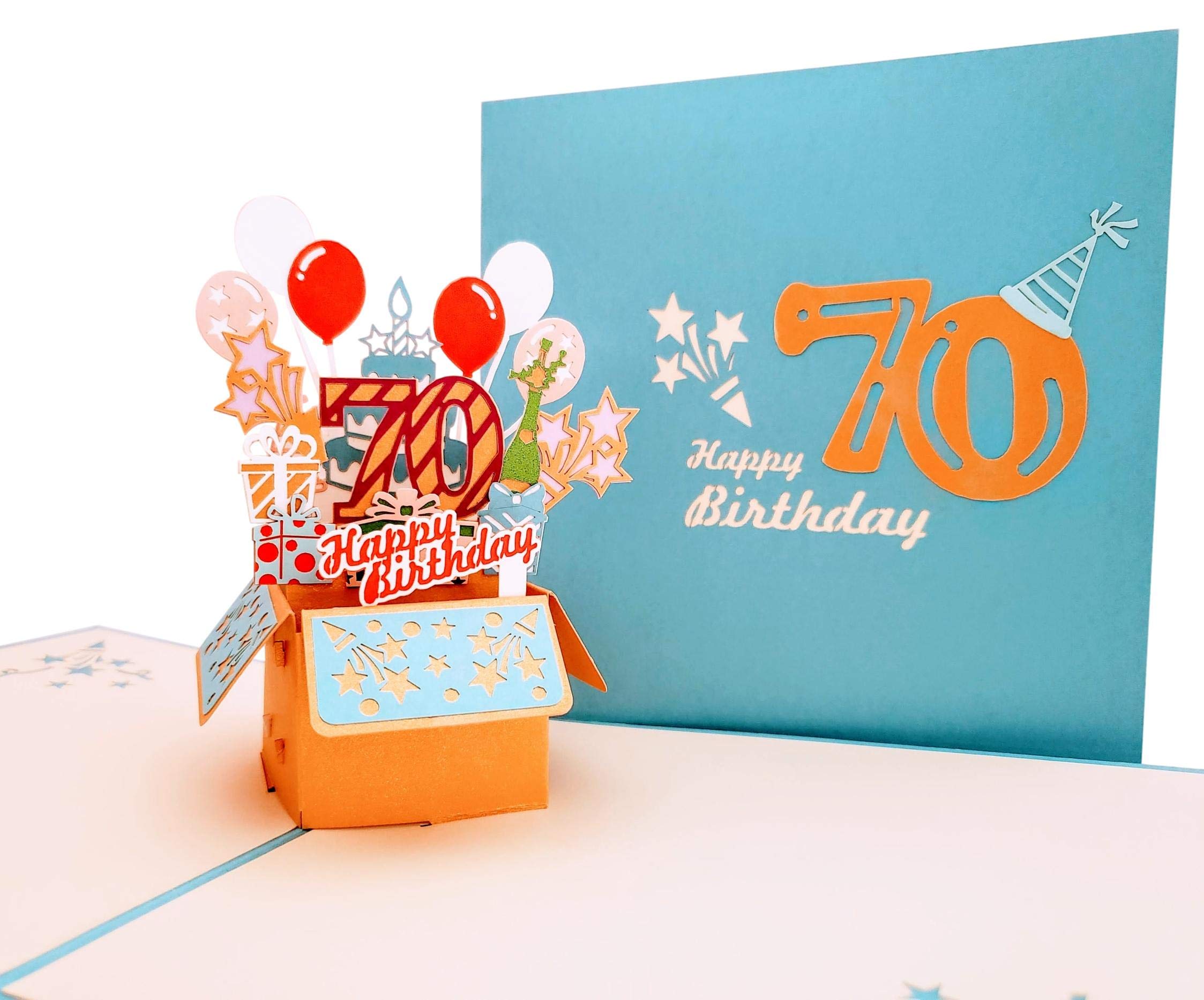 iGifts And Cards Happy 70th Blue Birthday Party Box 3D Pop Up Greeting Card – Seventy, Awesome, Balloons, Unique, Celebration, Feliz Cumpleaños, Fun, Festive