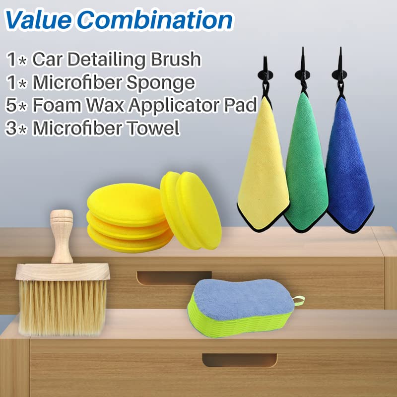 Kalevel 10 Pcs Car Detailing Brush Interior Car Wash Towel Microfiber Car Wash Sponge and Foam Wax Applicator Pad Kit Non Scratch for Vents