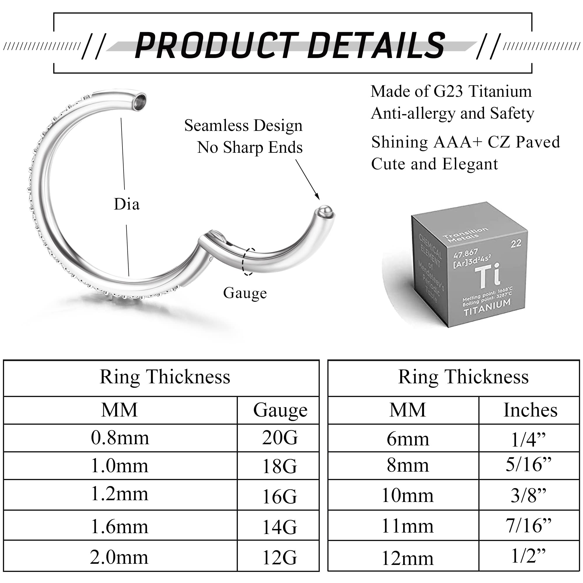 CASSIECA 18G 16G Titanium Nose Ring Hoops for Women CZ Opal Clicker Hinged Segment Septum Lip Nose Rings Helix Cartilage Conch Daith Rook Piercing Jewelry 8mm 10mm