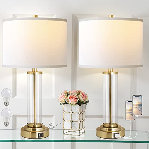 QiMH Modern Nightstand Table Lamps, Fabric Lampshade, Touch Control, 3-Way Dimmable with Dual USB Ports for Bedrooms, Bedside, Living Room, Set of 2 (LED Bulbs Included)