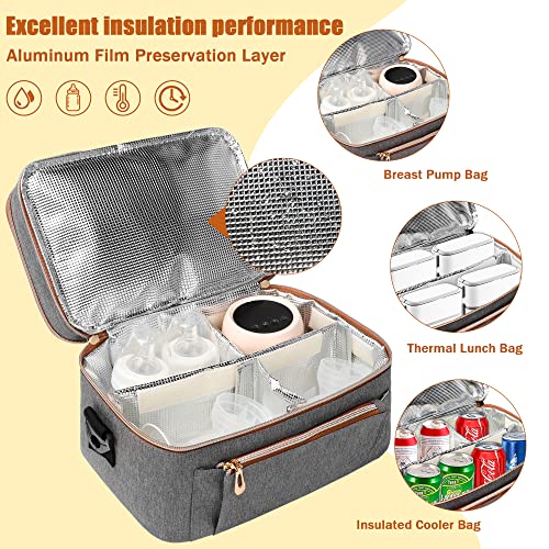 Partreko Wearable Breast Pump Bag with Insulated Pocket, Compatible with Most Breast Pumps for Medela, Elvie, Willow, Momcozy, 2 Layer Pump Bag with a Waterproof Mat & 3 Adjustable Dividers (Gray)