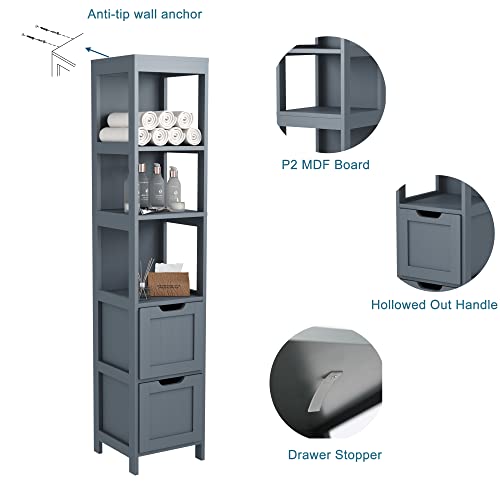 HOMEFORT Bathroom Storage Cabinet, Slim Tall Cabinet, Narrow Floor Cabinet Organizer, Wooden Linen Tower with 2 Drawers and 3 Shelves, Freestanding Storage Cupboard (Grey)