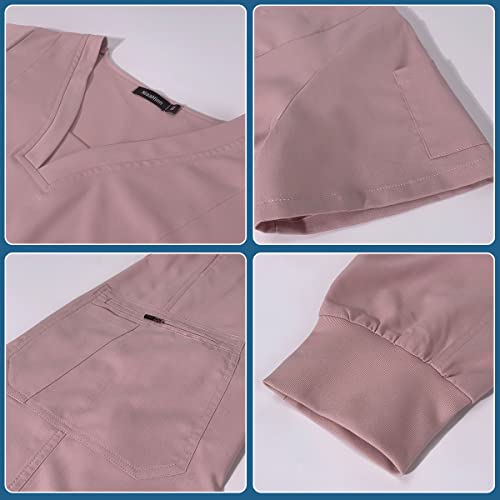 niaahinn Scrub Suit Set for Women Modern V-neck + Leg Drawstring Jogger Pants Medical Nursing Uniforms Set (Pink,S)