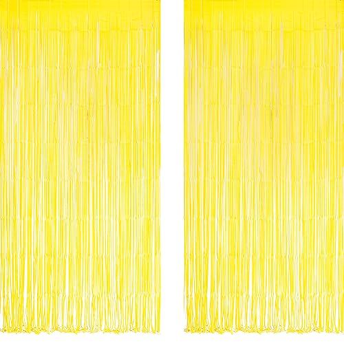 Yellow Streamers Party Backdrop - GREATRIL Foil Fringe for Sunflower/Bee/Pineapple/Lemon/Truck/Race Birthday Party Decoration - 3.2ft X 8.2ft - 2 Packs