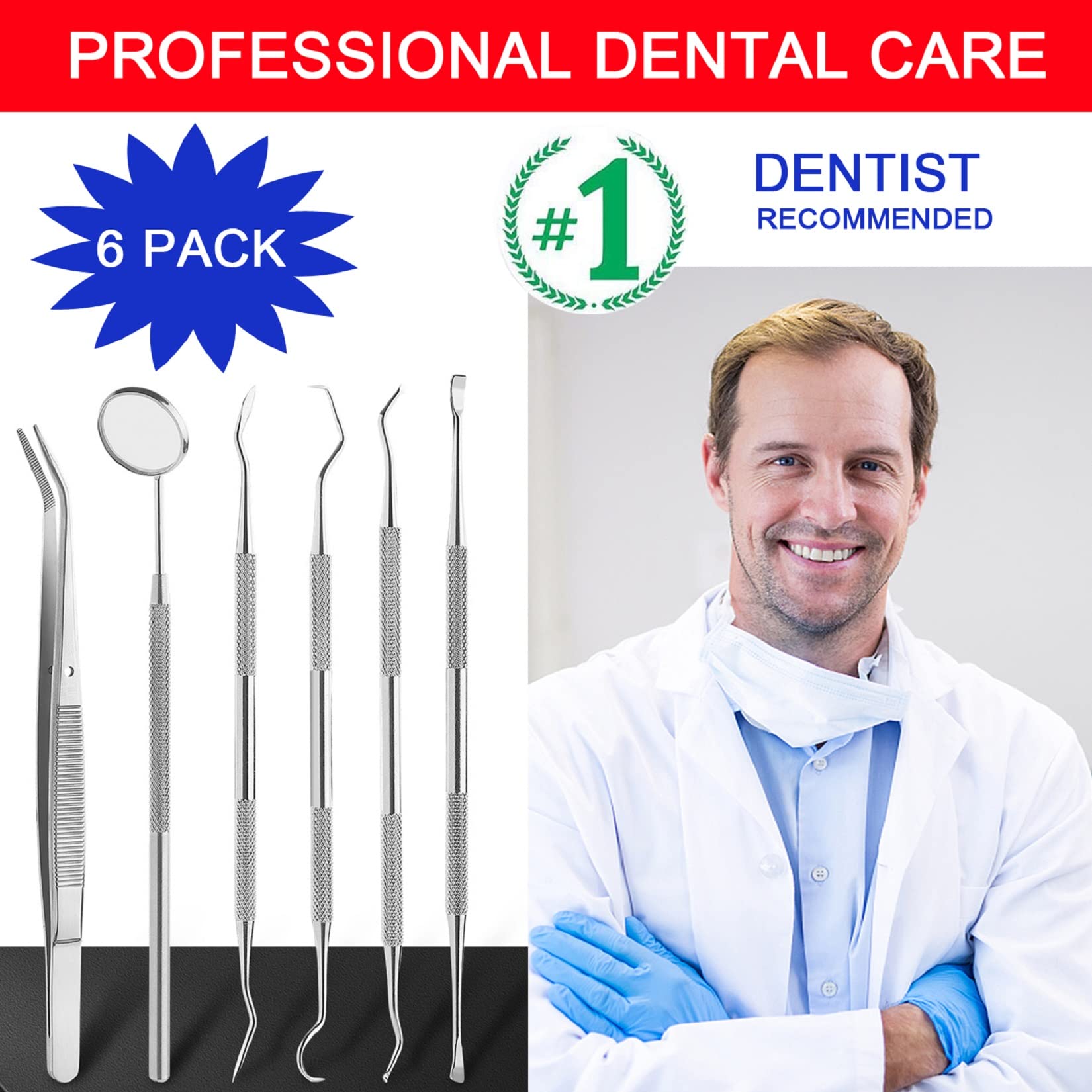 Dental Tools Set, 6 in 1 Dental Picks for Teeth Cleaning Kit, Plaque Remover for Teeth, Teeth Cleaning Kit Tartar Remover, Dental Hygiene Cleaning Kit, Stainless Steel Scraper Remover for Teeth