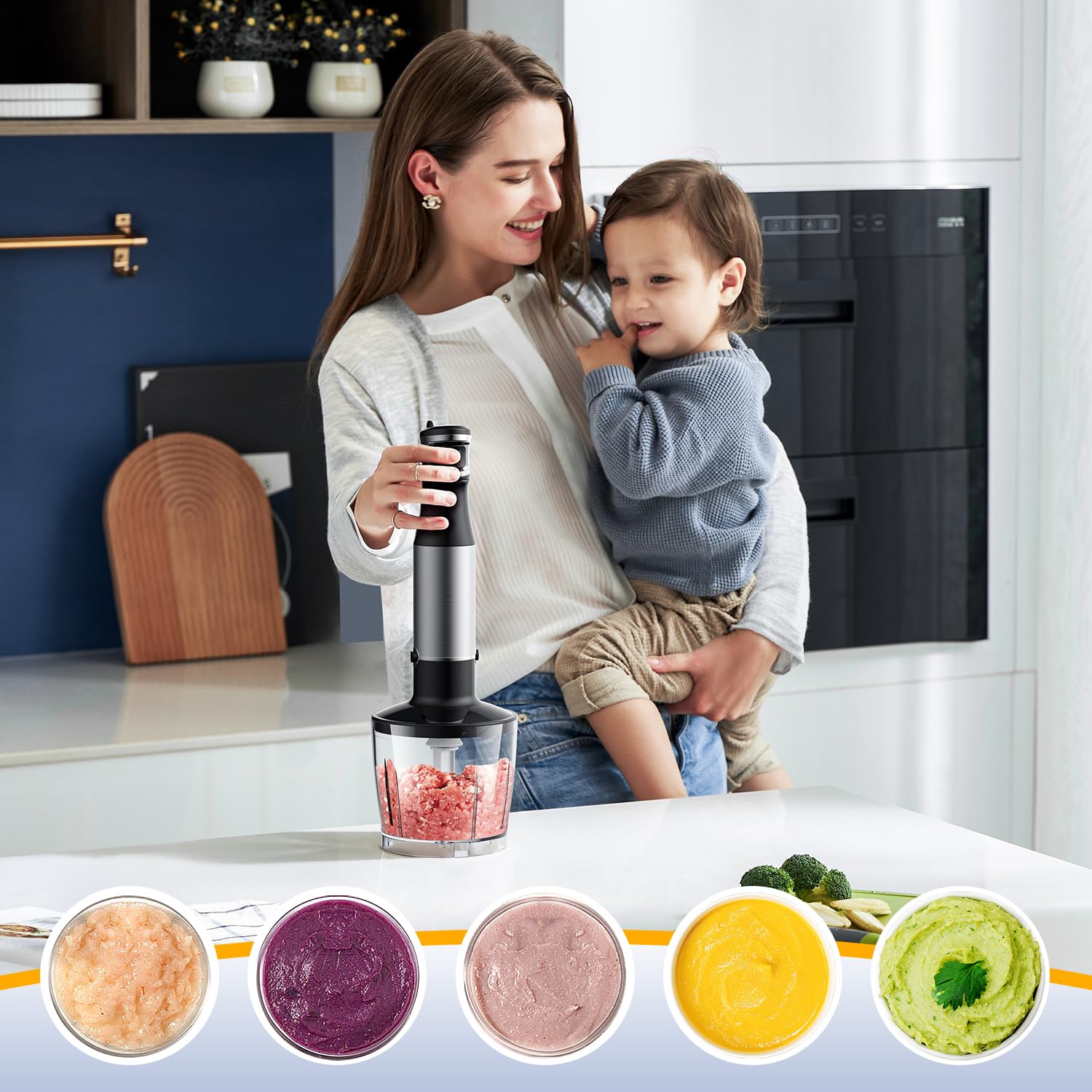 Immersion Blender Handheld Corded Hand Blender 1100W, Emulsion Blender Handheld with Chopper, Whisk and Frother, Hand Blender for Soup