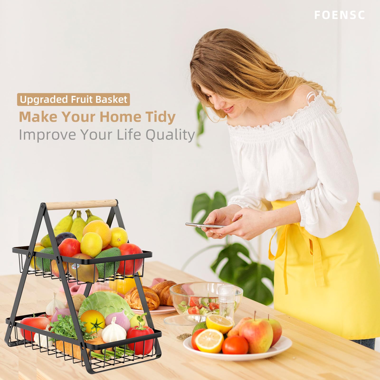Foensc 2 Tier Fruit Basket, Upgraded Fruit Bowl, Detachable Metal Fruit Holder Vegetable Basket for Kitchen Counter, Large Capacity Fruit Storage Stand Organizer for Produce Bread Snack, Black