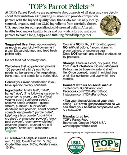 TOP's Parrot Food Pellets Hookbills, Small, Medium and Large Parrots - Non-GMO, Peanut Soy & Corn Free, USDA Organic Certified - 4 lb / 1.81 kg