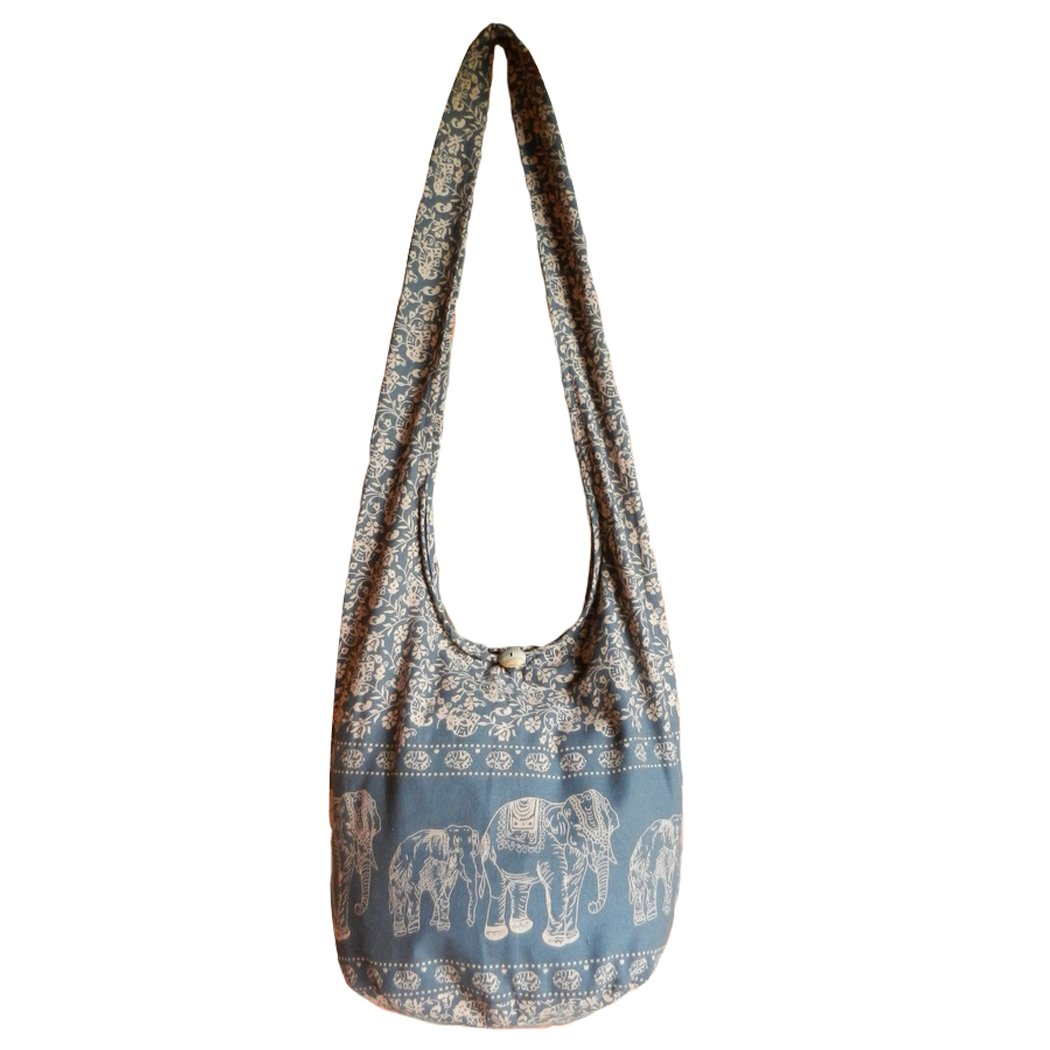 BTP! Elephant Sling Crossbody Shoulder Bag Purse Hippie Hobo Thai Cotton Gypsy Bohemian Small Grey ME6