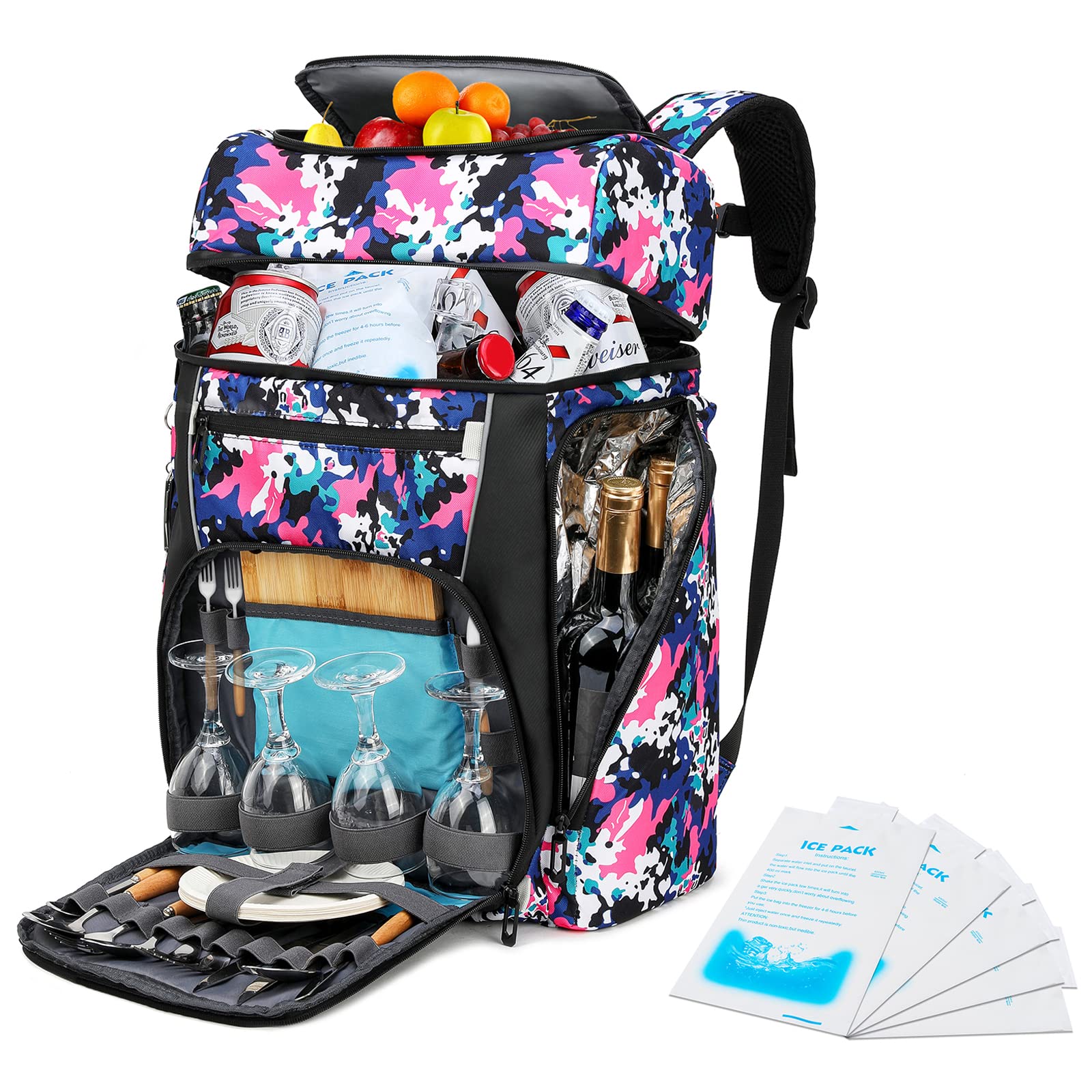 Cooler Backpack with 5 Ice Packs, 45 Cans Insulated Backpack Cooler Bag, Large Picnic Backpack Lunch Bag with Cool/Warm/Tableware Compartments, Leak Proof Cooler Backpack for Men Women, CamoPink