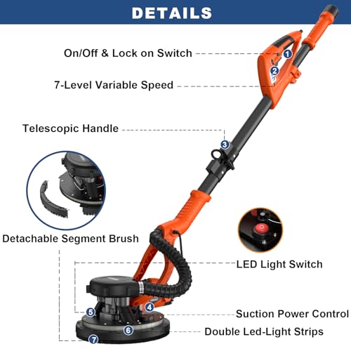 FOINCEF 950W 8-Amp Drywall Sander with Vacuum Attachment, Lijadora para Drywall, 7 Variable Speed with Vacuum Dust Collector, Lightweight Dustless with 360° Light for Ceilng Floor Plastered Popcorn