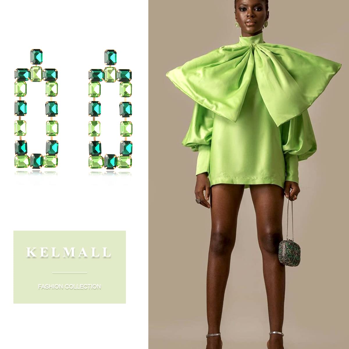 Crystal Rectangle Geometric Dangle Earrings, Glass Rhinestone Statement Drop Earrings for Women KELMALL COLLECTION