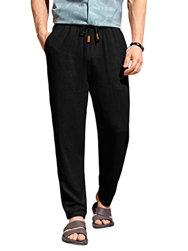 Mens Drawstring Linen Pants Relaxed Fit Elastic Waist Casual Pants Lightweight Yoga Beach Trousers Black