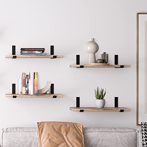 YGEOMER Floating Shelves, Set of 8, Rustic Wall Shelves, Wood Floating Shelf for Bedroom, Living Room, Book and Bathroom(Carbonized Black)