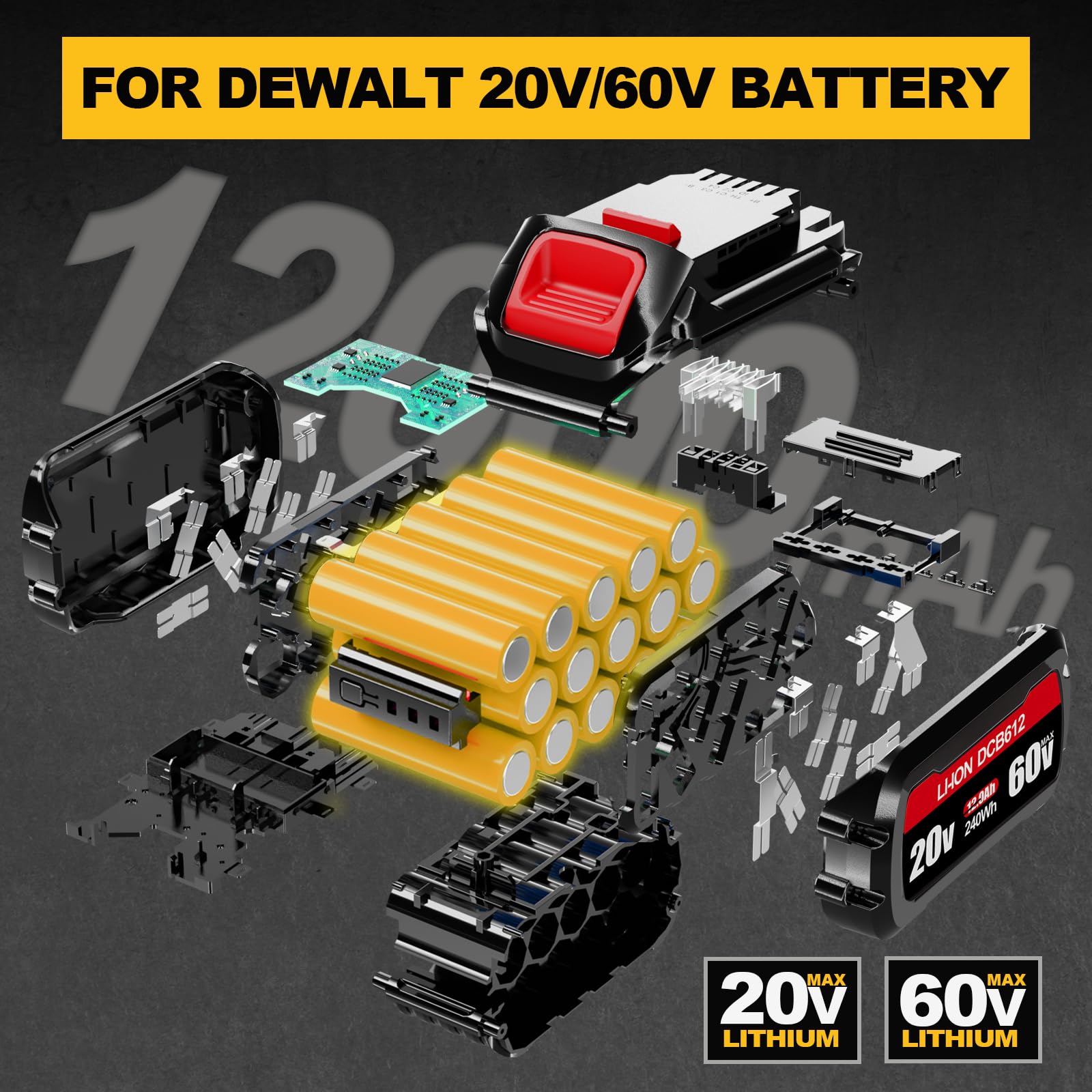 POWITEC 12.0Ah 20V/60V Battery Replace for Dewalt 60V Battery DCB609 DCB606 DCB612 Compatible with Dewalt 20V/60V MAX Cordless Power Tools Lithium-ion Battery