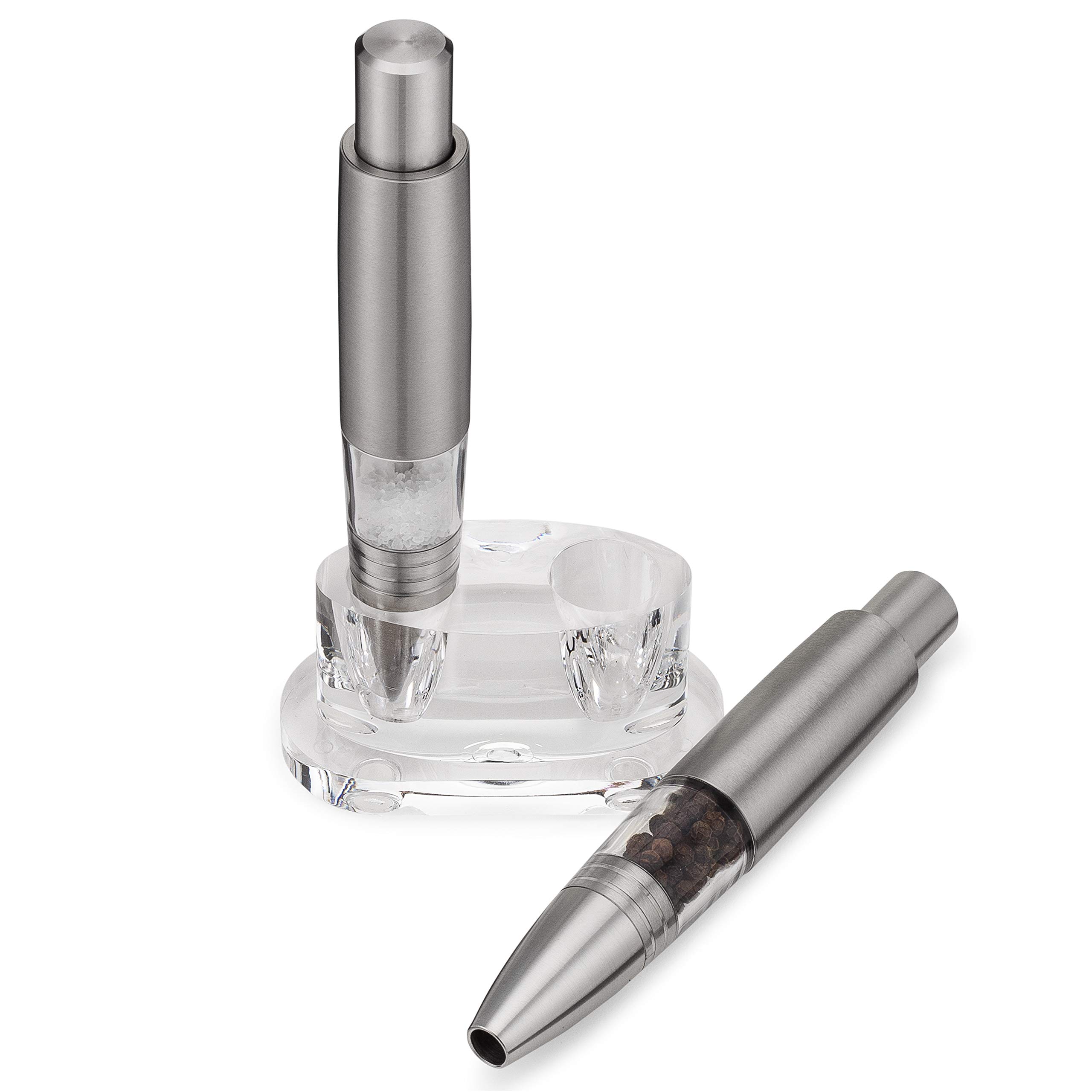 Executive Pen Salt and Pepper Grinder Set, Grind Gourmet Refillable Modern Thumb Button Grinders Use With Peppercorns, Sea and Himalayan Salts, Comes with Stand