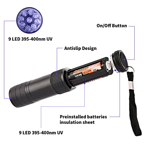 yikosam 5 Pcs UV Black Light Flashlights, 9 Led 395-400nm Mini Blacklight Handheld Portable Torch Pet Urine Detector for Bed Bug, Hair, Dog Cat Urine and Stains Batteries Included
