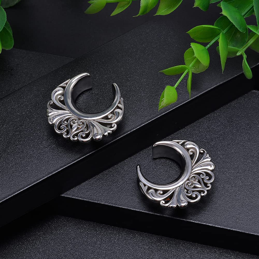 COOEAR 1 Pair Silver and Black Notched Flower Vine Ear Expander Gauges Flesh Earrings Plugs And Tunnels.