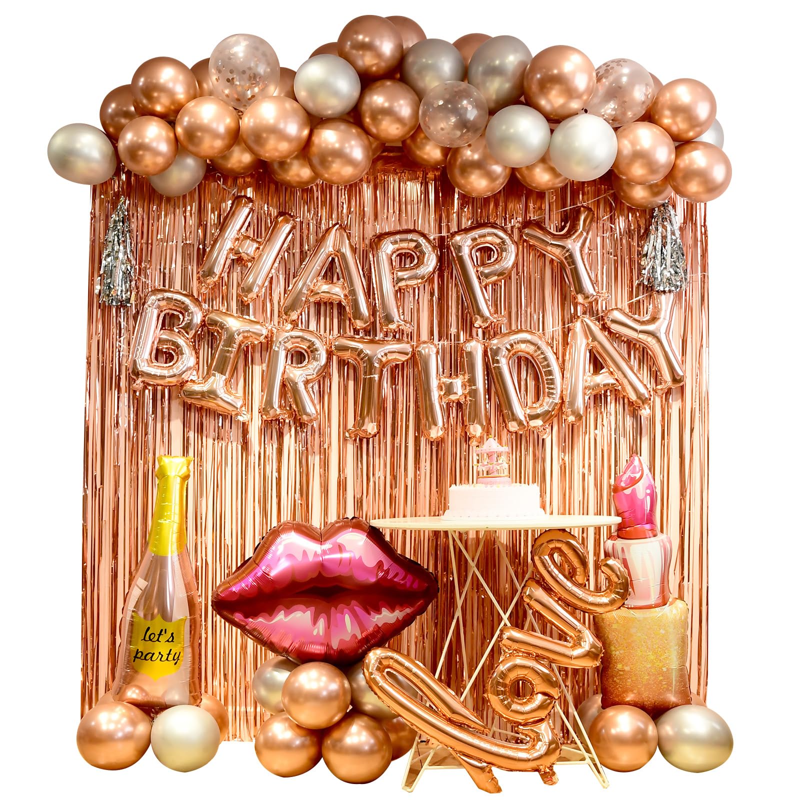 Rose Gold birthday decorations for women ,happy birthday party decorations for girls,Rose Gold Fringe Curtain,happy birthday banner,happy birthday balloon,happy birthday balloon letters