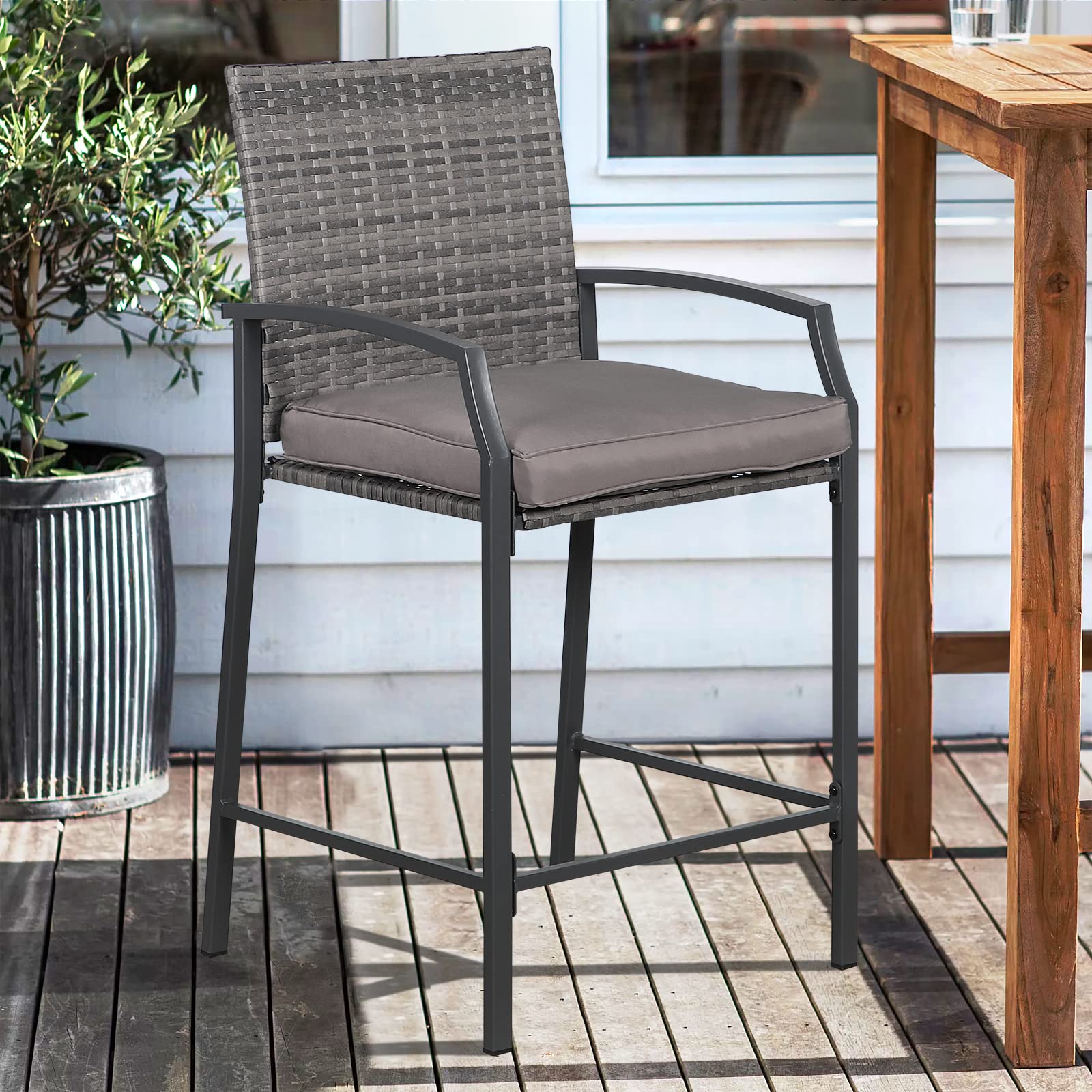 JOIVI Outdoor Wicker Bar Stools Set of 4, Patio Rattan Counter Height Chairs with Cushions, Armrest and Footrest for Indoor, Garden, Poolside, Lawn, Backyard